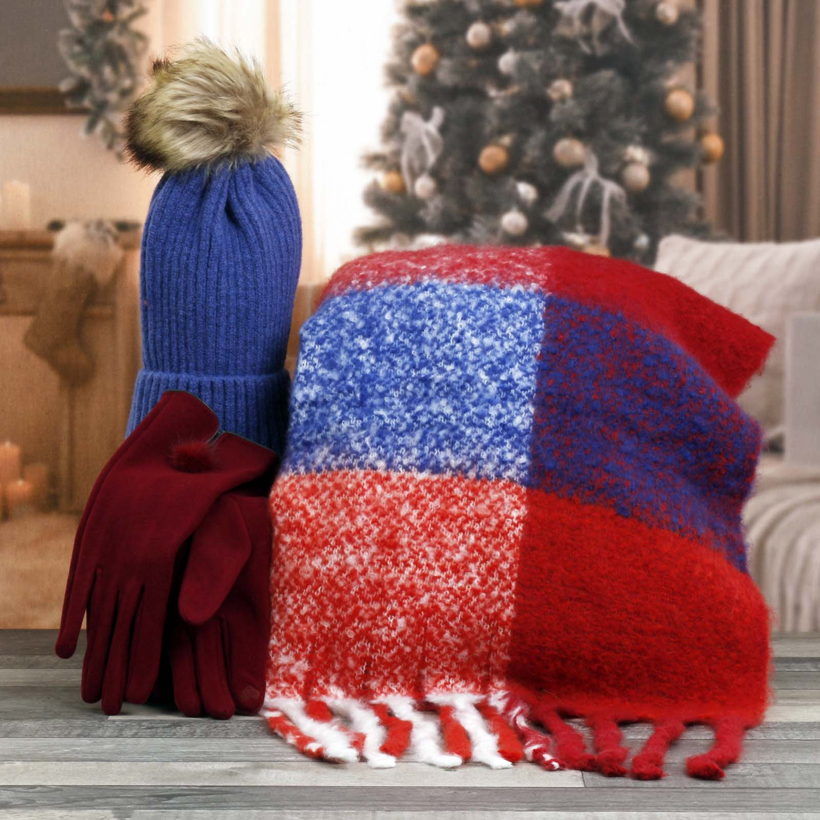 The Luxury Cosy Hat, Scarf & Glove Gift Set - Blue & Red | 10022446 ...